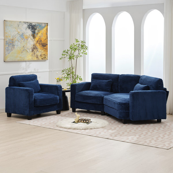 Ebern Designs Redenius Curved Corduroy Living Room Sofa Set includes 2 Seater plus Single Sofa ...